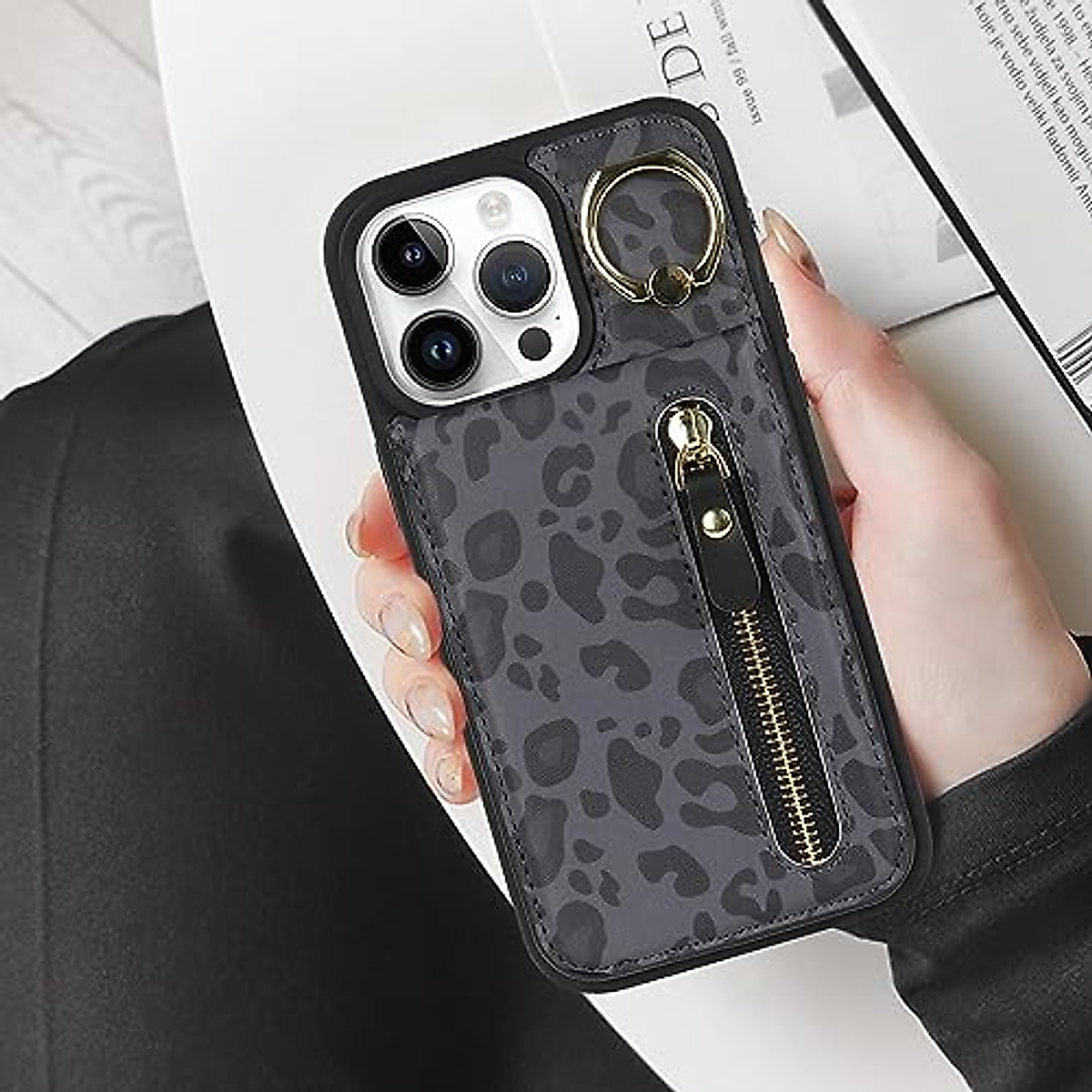 DEYHU iPhone 13 pro Case with Card Holder for Women, iPhone 13 pro Phone Case Wallet with Credit Card with Ring Kickstand Zipper Shockproof Slim Stand Case for iPhone13pro - Black Leopard