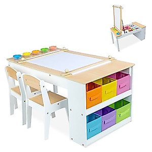 Milliard 2-in-1 Kids Art Table and Art Easel Table and Chair Set, Toddler Craft and Play Wood Activity Table with Storage Bins and Paper Roll