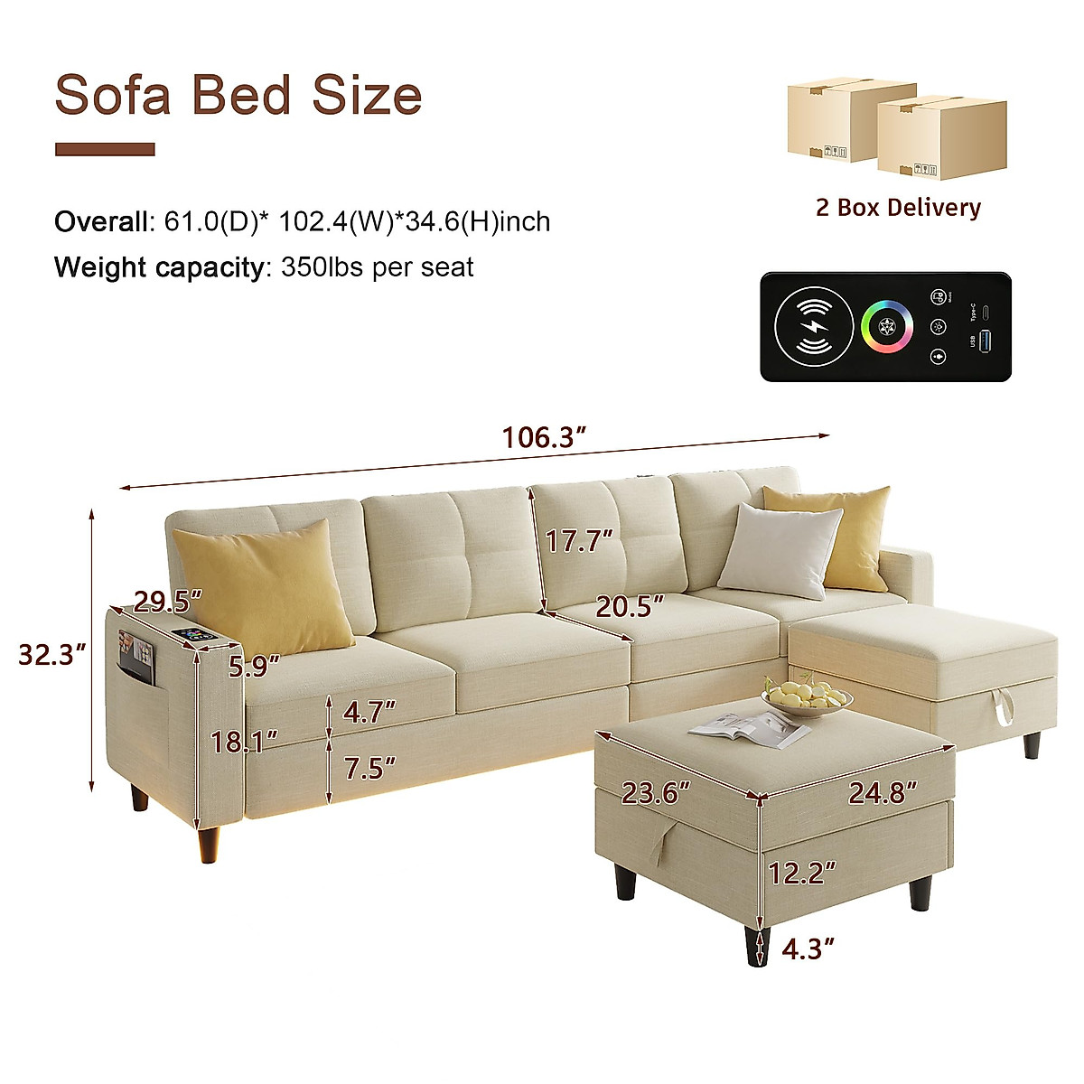 FOMNEY Sectional Couche for Living Room, Modular U Shaped Sofa Couchs with RGB Lights and Charging Ports, 6 Seat Convertible Sectional Sofa with Storage Ottoman (Beige)