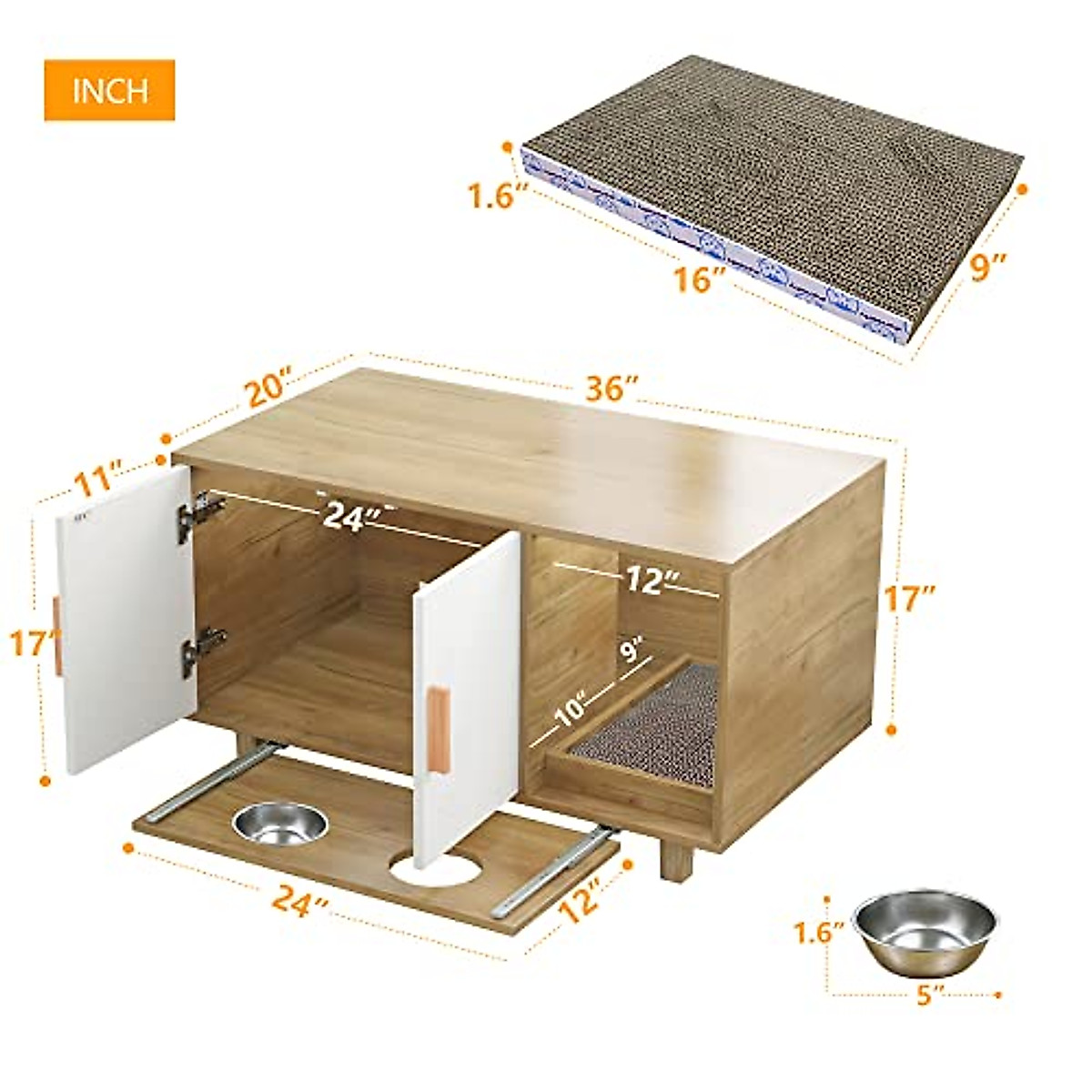 DMIDYLL Extra Large Cat Litter Box Enclosure Houses with Cat Food Bowls and Scratch Pad for Indoor Cats, Hidden Cat Litter Box Furniture Cabinet, Cat Washroom, Modern Cat Home Nightstand