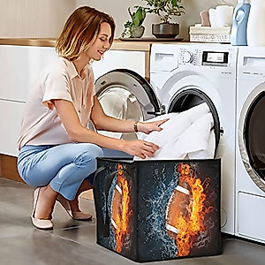 Blueangle Water Fire Football Cube Storage Bin with Handles, 10.6 x 10.6 x 10.6 in, Large Collapsible Organizer Storage Basket for Home Décor（1031）