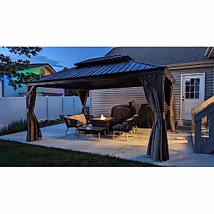 Kozyard Alexander Hardtop Aluminum Permanent Gazebo with a Mosquito Net and Privacy Sidewalls (Alexander 12'x16' (Brown)