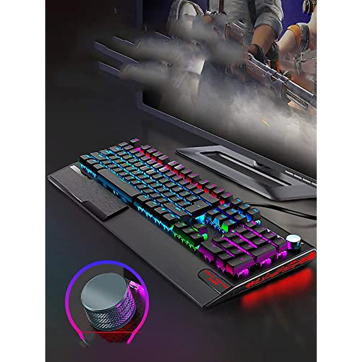 Multimedia Knob Computer Mechanical Keyboard Sandblast Metal Panel,104-Keys Conflict Free Buttons Gaming Keyboard,Dazzle Colour on Both Side, Mouse+Mouse Pads (Black/Raionbow Backlit/Blue Switch)