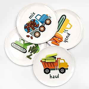 Tiny Expressions – Construction Plates for Toddlers - Set of 4 Melamine Plates for Kids - Mixer, Excavator, Bulldozer, and Dump Truck - Fun Plastic Plates for Kids