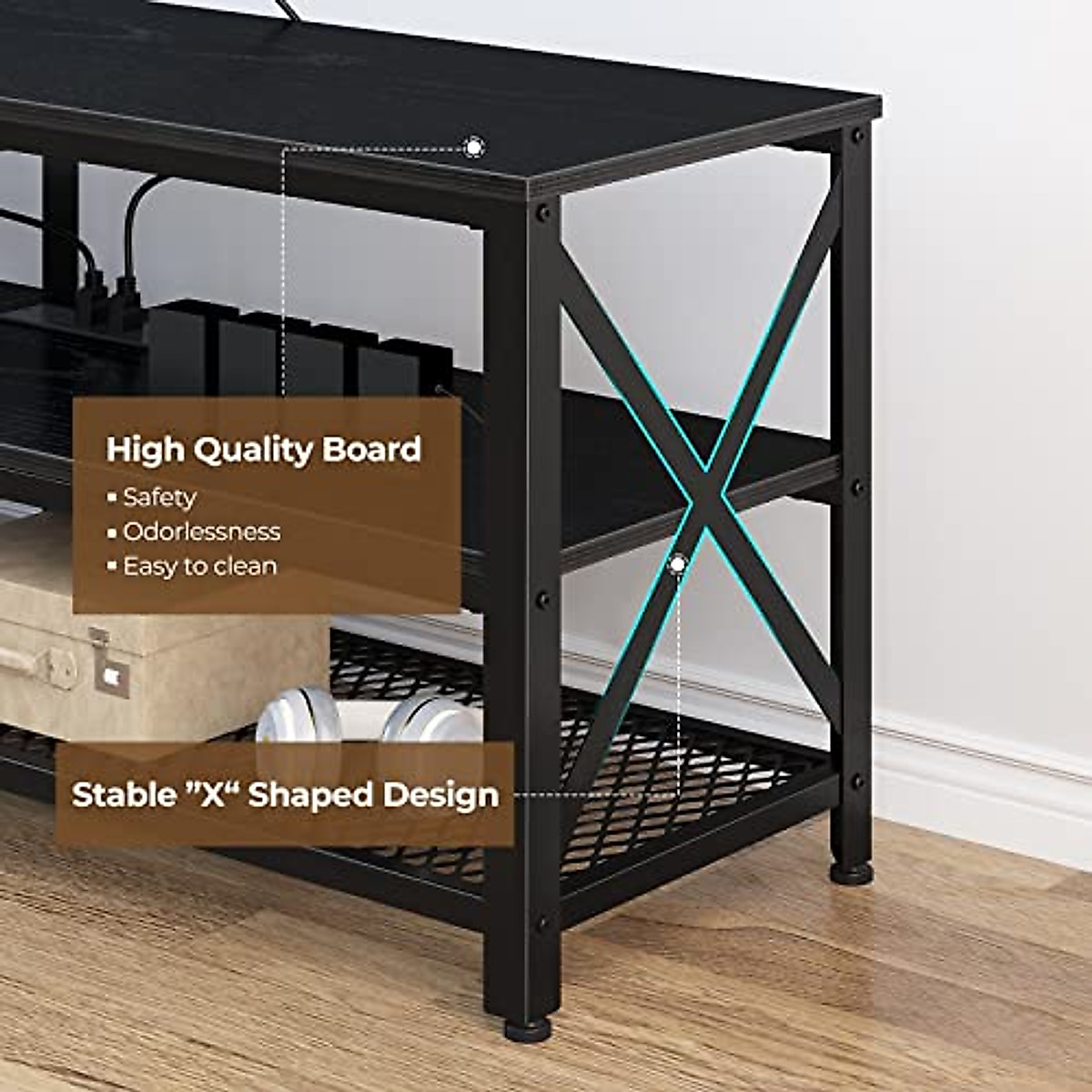 Rolanstar TV Stand with Led Lights & Power Outlets for 32/40/45/55/60/65/70 inch TVs, Entertainment Center with Open Storage, TV Table, 3-Tier Television Stands for Living Room, Black