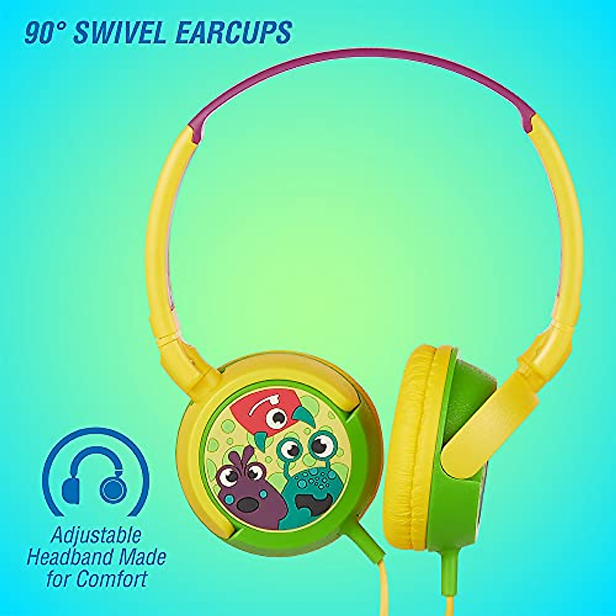 Volkano Wired Kids Headphones with Hearing Protection, Padded Lightweight Kiddy Headset, 85 dB Safe for Children, Girls/Boys, E-Learning, Travel, PC, Cellphones [Yellow/Green] Monster Kiddies Series