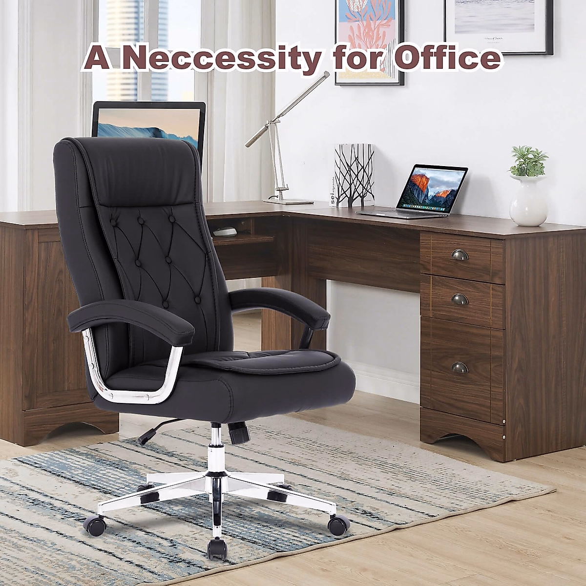 Hoxne Leather Executive Office Chair with Arms and Wheels, High Back Ergonomic Computer Desk ChairAdjustable Height Swivel Office Desk Chair, 350LBS Capacity (Black)