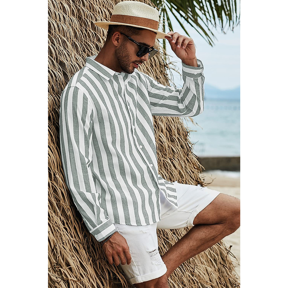 JMIERR Men's Old Money Aesthetic Cotton Linen Shirts Casual Stylish Long Sleeve Button-Up Vertical Striped Dress Shirts Summer Beach Shirt for Men, XL, Grey Green and White Stripe