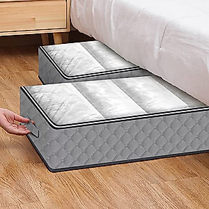 Homelove Under Bed Storage Bags, 2 Pack Fabric Underbed Storage Containers with Reinforced Handles and Clear Window Foldable Bedroom Organizer Bags Bin for Blankets Clothes Comforters Toys,Grey