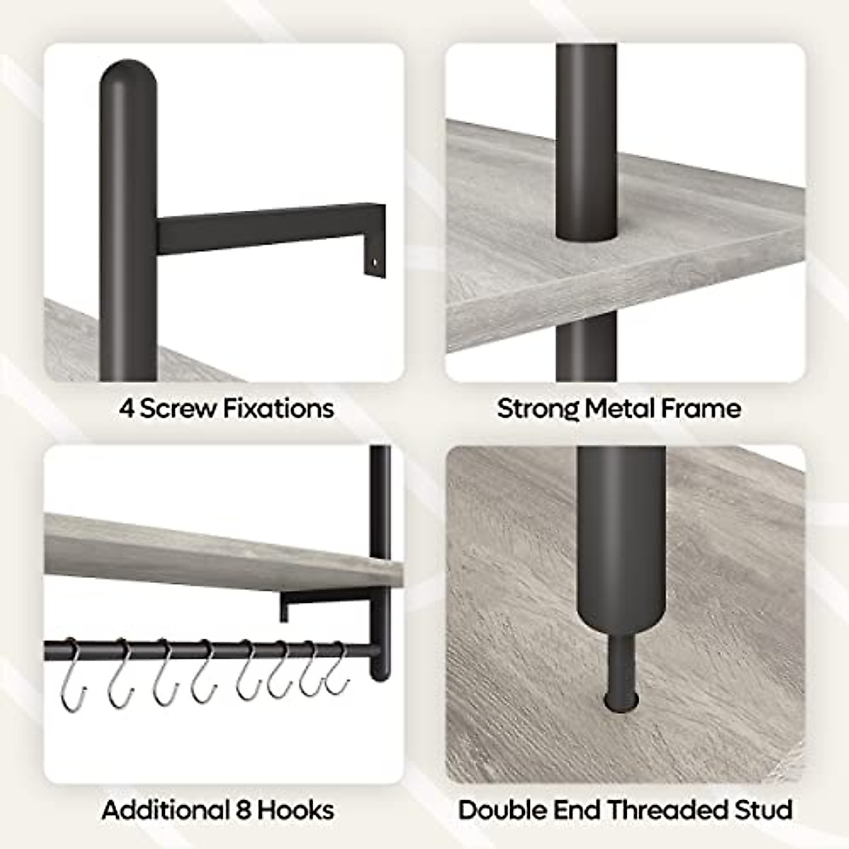 Bestier Floating Shelves, Storage Hanging Shelves for Wall Decor with Towel Bar and Hooks for Living Room Kitchen Coffee Bar, Grey