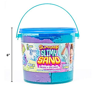 SLIMYSAND Bucket - 5 Pounds of Slimy Sand in 3 Colors (Blue, Green, Purple) - Cotton Candy Sand Play Set with 3 Molds and Reusable Bucket for Storage - Super Stretchy & Moldable Cloud Slime