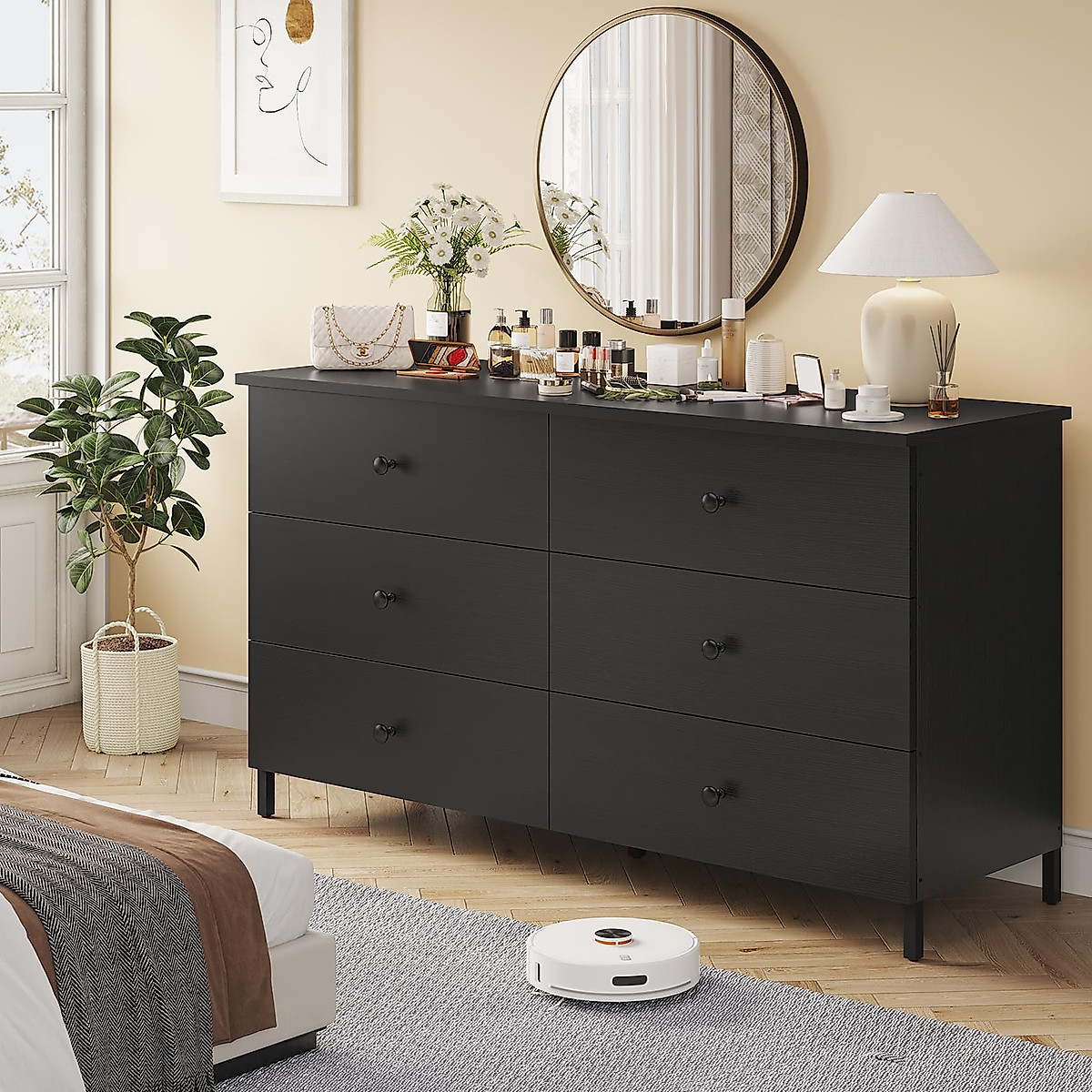 Hasuit 6 Drawers Double Dresser, Wooden Dresser with Heavy Sturdy Steel Frame, Large Capacity Storage Chest of Drawers, Black Dresser for Bedroom, Living Room, Entryway