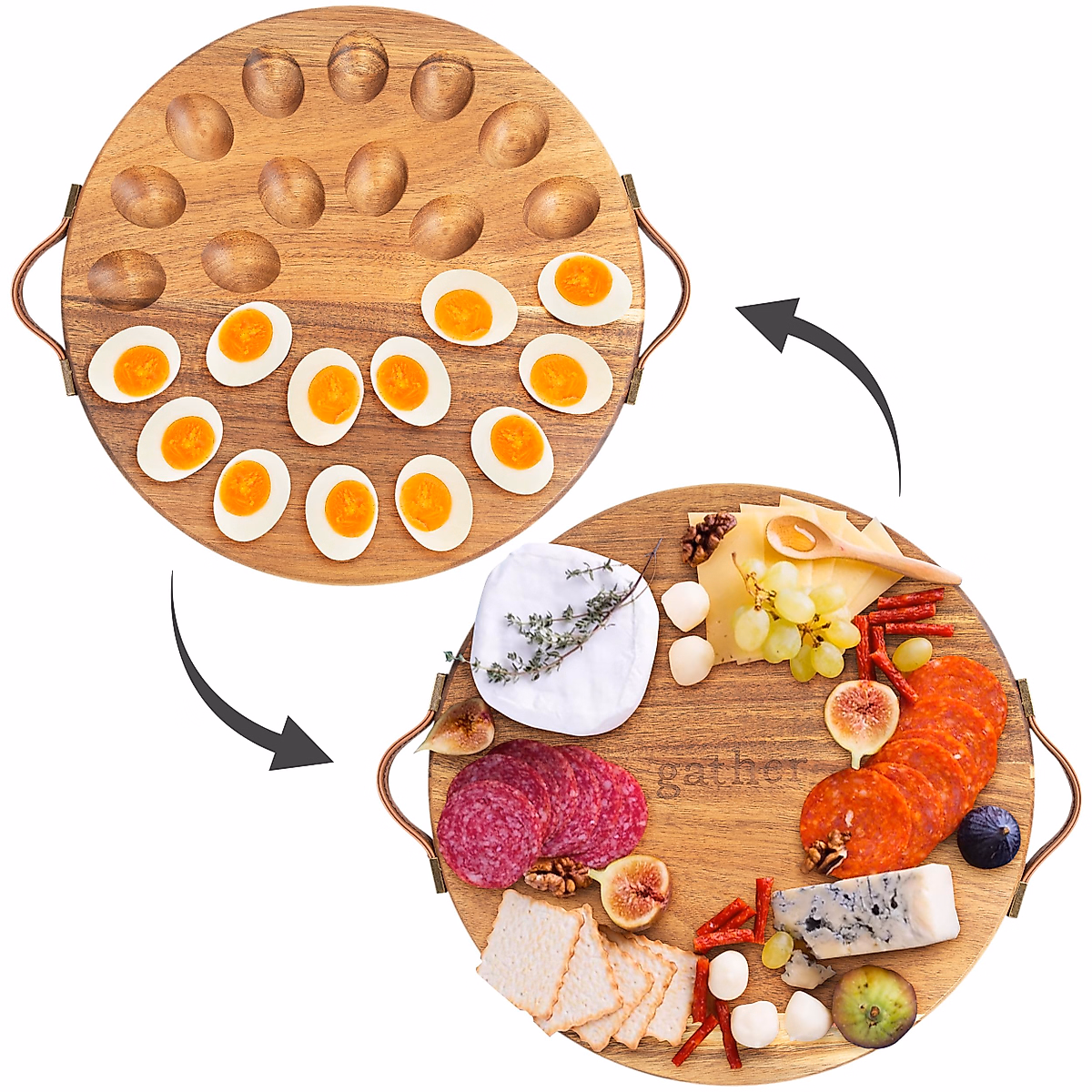 Deviled Egg Platter Round Acacia Wood Egg Tray w/ 24 Slots - Farmhouse Style Deviled Egg Tray w/Leather Handles - Multi-Use Charcuterie Board -Premium Wood Serving Platters