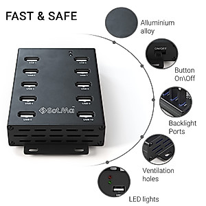 SotMa 10 Port USB 2.0 Hub - USB Hub - Powered USB Hub for Mining - Multiple USB Port Hub - USB Splitter Hub with 12V 5A Power Adapter, LEDs, Mounting Bracket - Black
