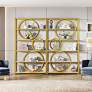 Tribesigns 5-Tier Bookshelf, 71" H Gold Book Shelf Large Bookcases and Bookshelves with Chic Circular Design, Tall Open Display Shelf Storage Rack for Home Office Living Room, Bedroom, White&Gold