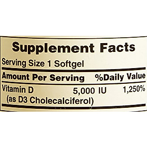 Vitamin D3 5,000 IU Bolsters Immunity by Puritan's Pride for Immune System Support and Healthy Bones and Teeth 200 Softgels, packaging may vary