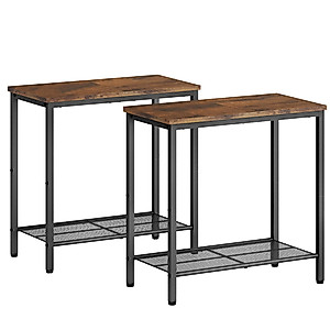 Hoctieon 2 Tier End Table, Sofa Side Table, Narrow Side Table with Storage, Slim Nightstand for Small Spaces, Metal Frame, for Living Room, Bedroom, Sofa Couch, Hall, Rustic Brown, 2 Set