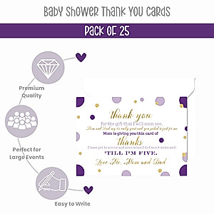 Paper Clever Party 25 Purple and Gold Baby Thank You Cards Pack – Cute Baby Shower Notes with Envelopes, Prefilled Message, Customizable Blank Stationery, Princess Theme, New Parents Gift Ideas