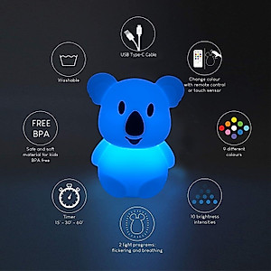 Glinrui Koala Night Light for Kids Silicone Bedside Bedroom Lighting, Baby Nursery Light Sleeping NightLights, Color Changing Lamps - Eye Caring, Adjustable Brightness & Color, Time Setting - Medium
