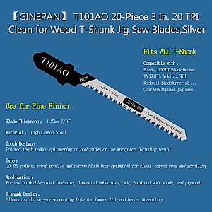 Jigsaw Blades T Shank 20PCS T101AO with Case, Compatible with Dewalt Bosch Black and Decker Jig Saw Blades Set for Wood, 3 in. 20 TPI Curved & Scrolling Fine Finish Cuts