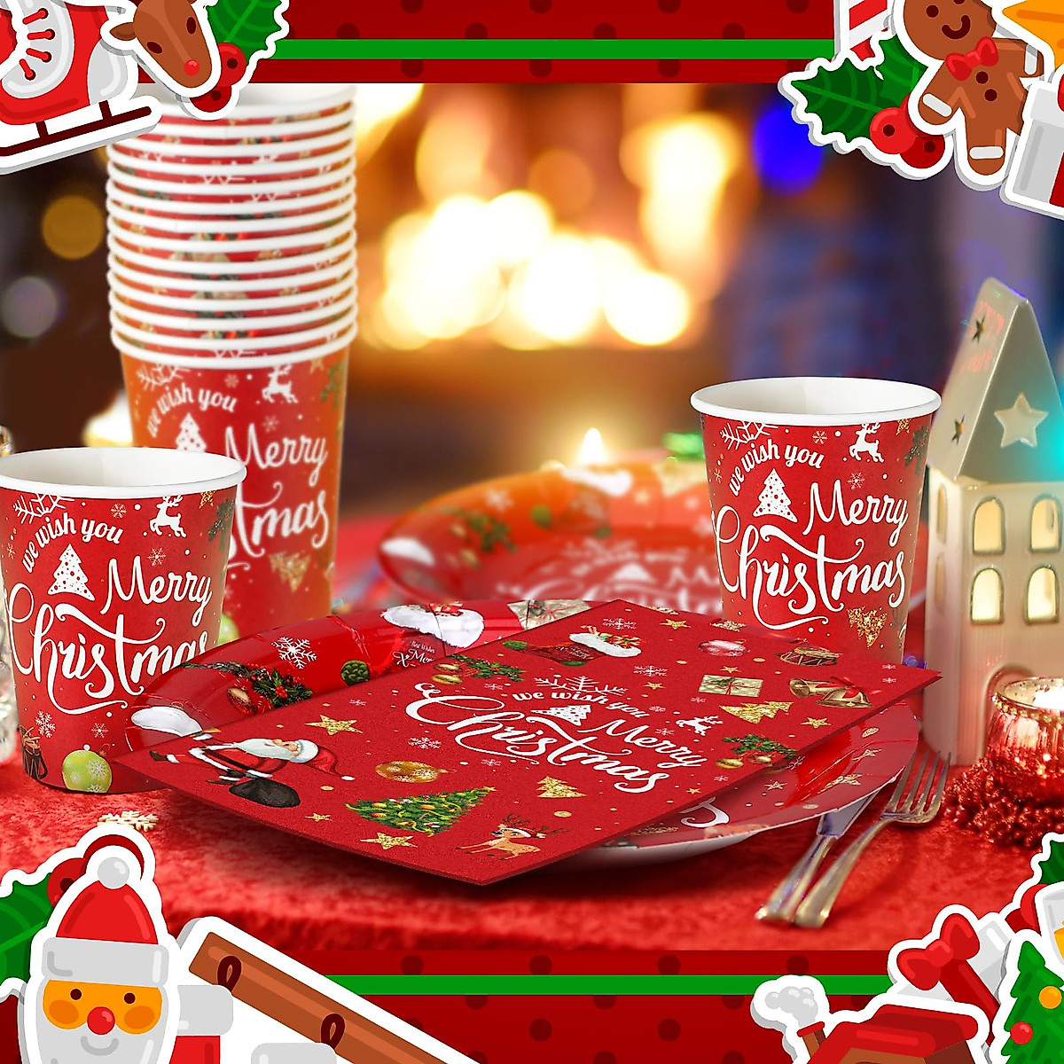 Tioncy 200Pcs Christmas Party Supplies Tableware Set Include 100 9 Inch and 7 Inch Christmas Paper Plates 50 9oz Cups 50 Holiday Lunch Napkin Disposable Christmas Plates Dinnerware Set (Classic Style)