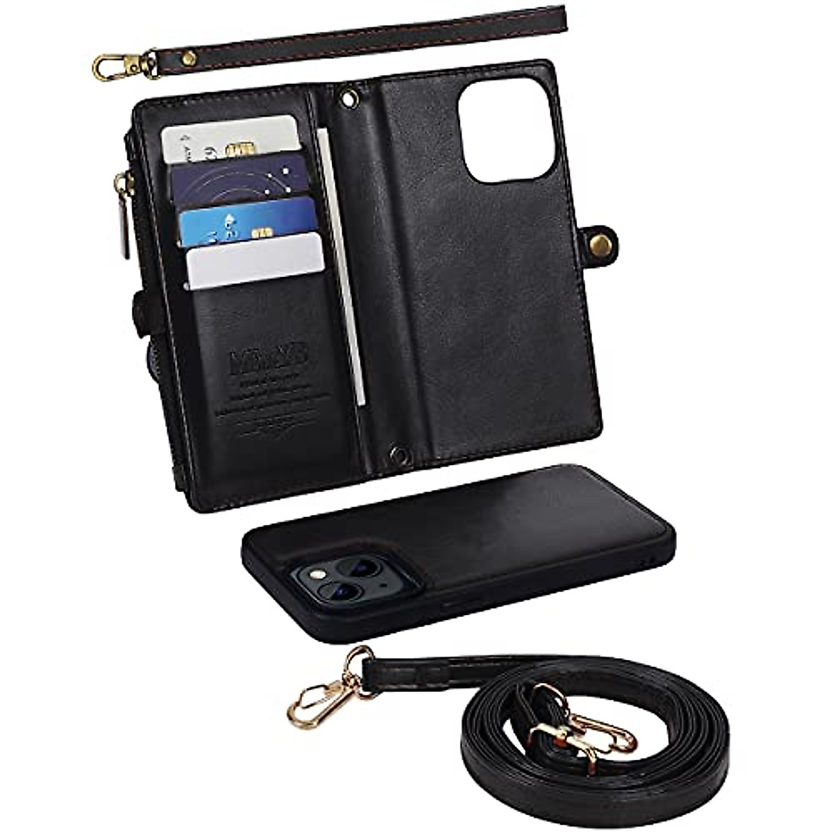 MInCYB Wallet Case Compatible with iPhone 13, Zipper Case with RFID Blocking Card Holder Slots, Magnetic Detachable Leather Flip Folio Cover. Crossbody Phone Case of iPhone 13. Black