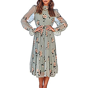 ANRABESS Women's Ruffle Midi Dress Floral Print Round Neck Long Sleeve Smocked Chiffon Dress A-Ling Swing Pleated Casual Dress 676luochenghua-S