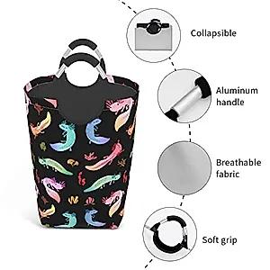 Foldable Square Laundry Hamper Colorful Axolotl Portable Folding Washing Bin Waterproof Collapsible Laundry Bag 50L Large Clothes Storage Basket with Handles for Home Bedroom