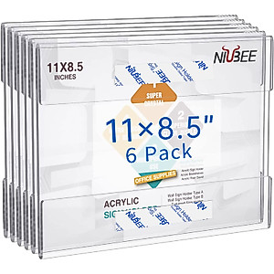 NIUBEE Acrylic Sign Holder 8.5x11 Inches Horizontal,Clear Plastic Wall Mount Sign Holder Poster Paper Holder with Free Double Sided Tape for Office, Home, Store, Restaurant-No Drilling(6 Pack)