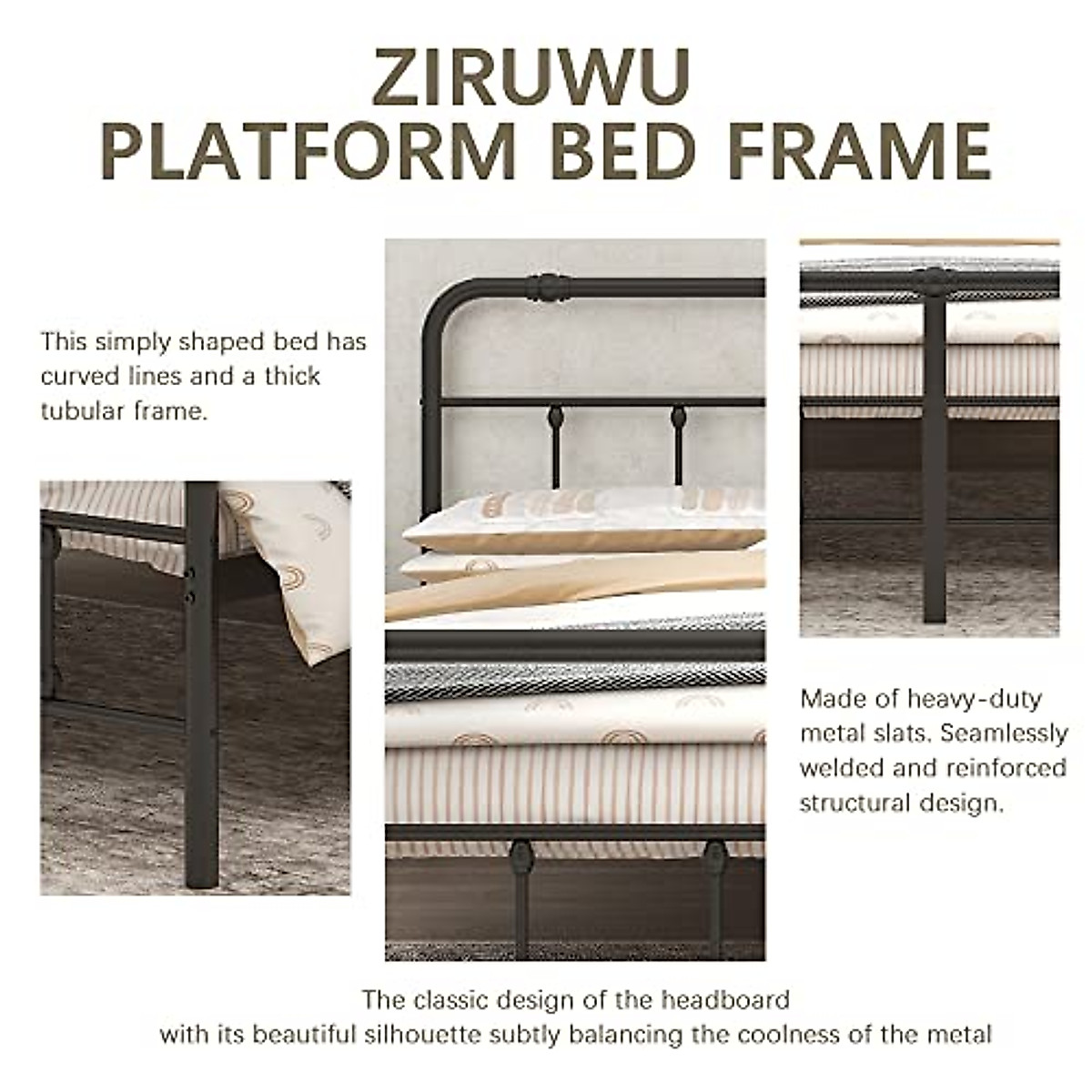 ZIRUWU King Size Metal Platform Bed Frame with Headboard Footboard Extra Strong Support No Box Spring Needed Noise Free Easy Assembly Black