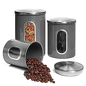Moss And Stone 3 Piece Gray Canisters Sets For The Kitchen, Kitchen Jars With See Through Window | Airtight Coffee Container, Tea Organizer, And Sugar Canister, Kitchen Canisters Set of 3 (Grey)