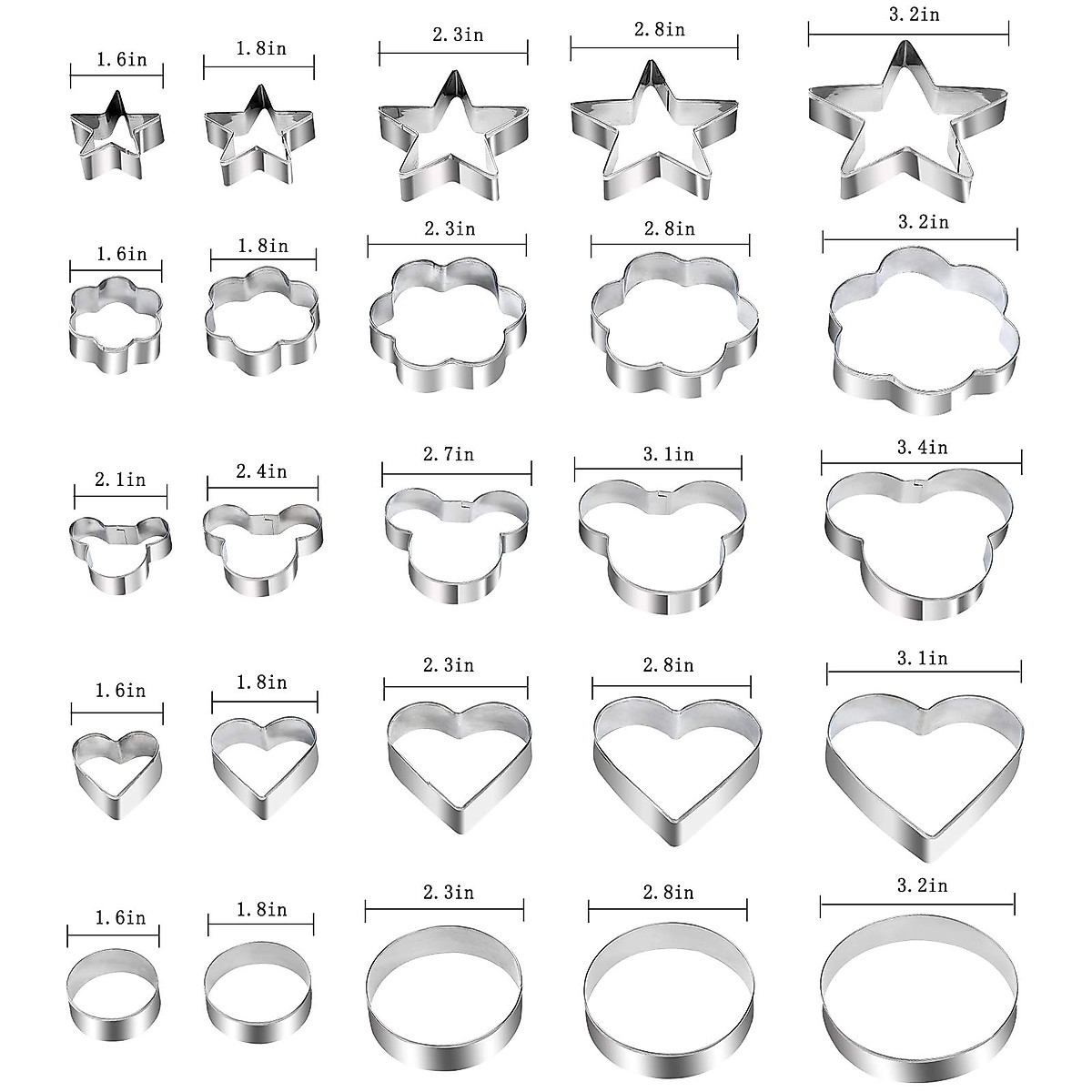 Cookie Cutters Shapes Set, 25pcs Flower,Round,Heart,Star,Mouse Shape Stainless Steel Metal Cookie Molds for Kitchen, Baking