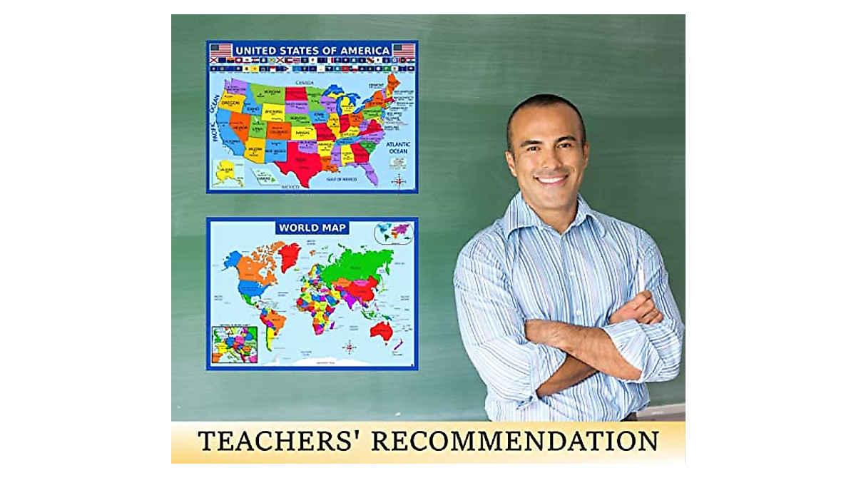 Laminated World & USA Map Poster for Kids - 14x19.5