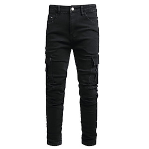 Men's Black Skinny Slim Fit Stretch Tapered Leg Jeans Fashion Stretchy Cargo Jeans Mens Casual Biker Hip Hop Denim Work Pants Jeans with Cargo Pockets