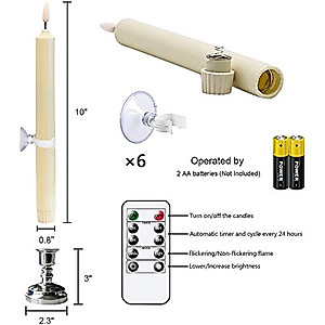 Wondise Window Candles Battery Operated with Remote and Timer, 3D Wick Ivory Taper Candles with Silver Holders and Suction Cups for Christmas Decoration, Set of 6(D0.8 x H10 inch)