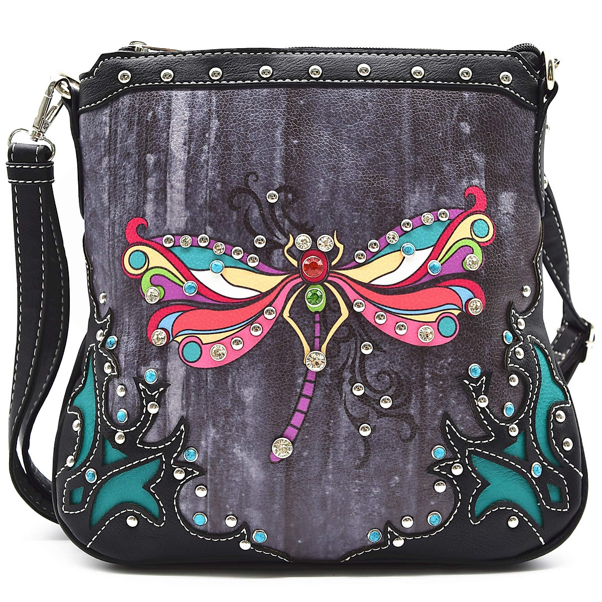 Colorful Dragonfly Western Style Spring Rhinestone Gem Studded Purse Leather Crossbody Handbag Women Single Shoulder Bag (Black)