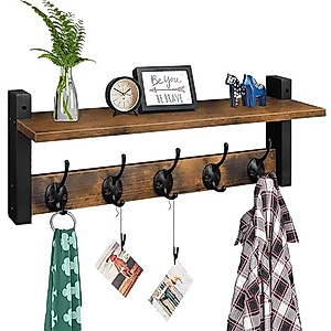 Homode Wall Hooks with Shelf, Wood Coat Rack with Shelf Wall-Mounted, Entryway Hanging Shelf with 5 Metal Hooks for Clothes Hats Towel Purse Robes, Bathroom Mudroom Bedroom, Rustic Brown Black