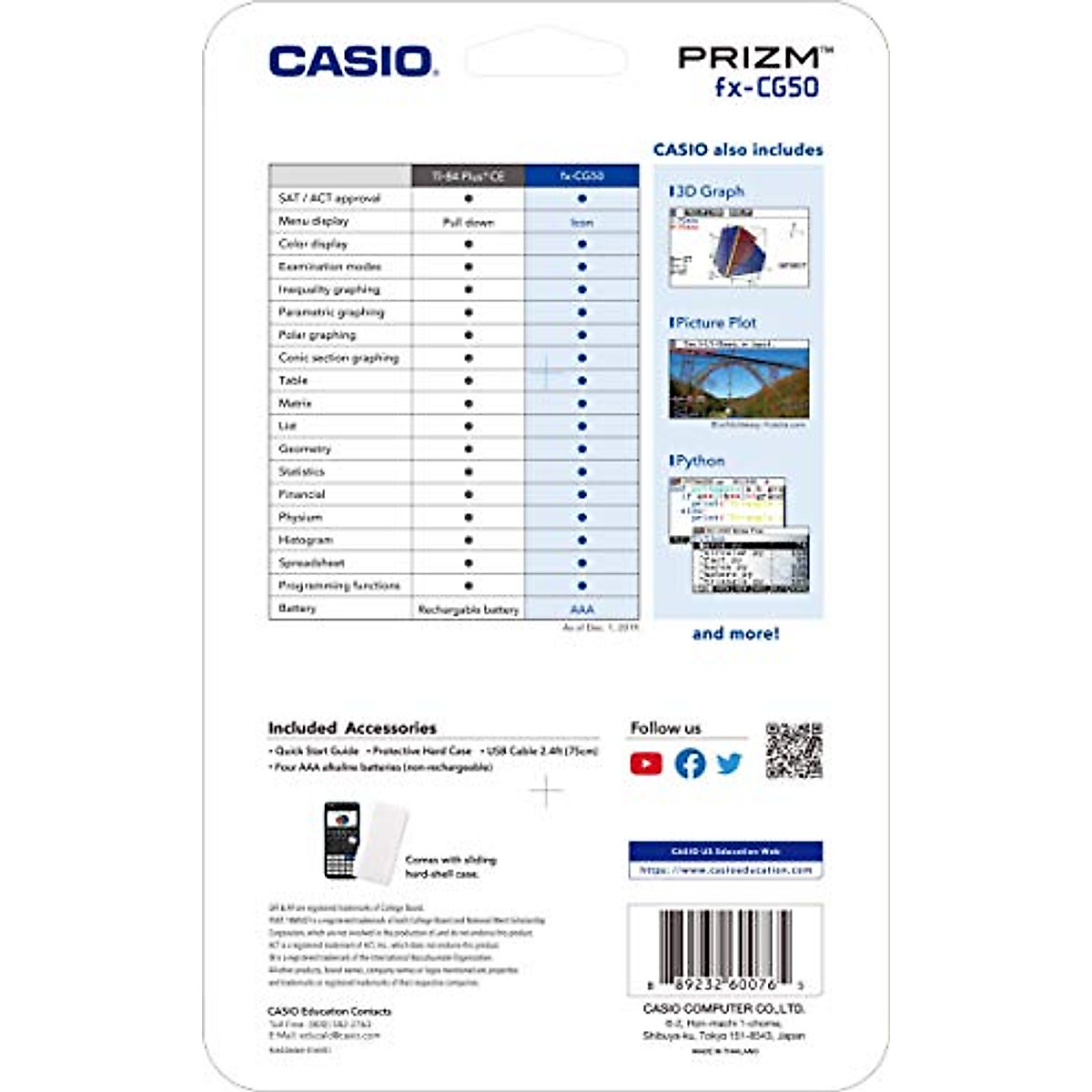 CASIO PRIZM FX-CG50 Color Graphing Calculator,Black & White,7.21"Wx10.32"Lx2.05"H