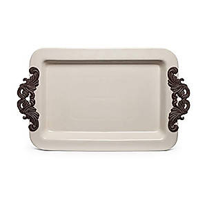 23.75-Inch Long Cream Ceramic Tray with Acanthus Leaf Styled Metal Handles