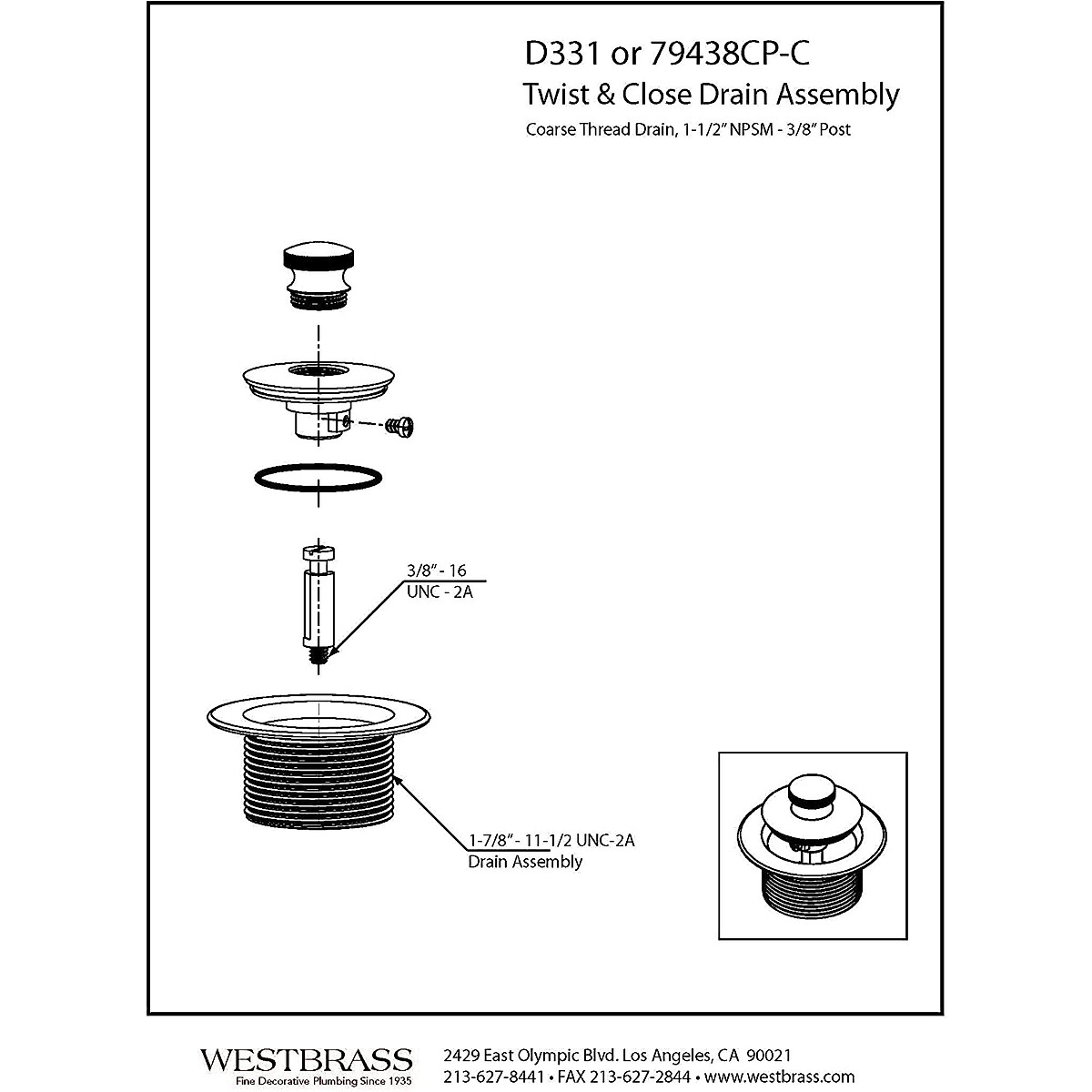 Westbrass D331-12A 1-1/2" NPSM Twist & Close Bathtub Drain Plug, Coarse Thread, Antique Bronze