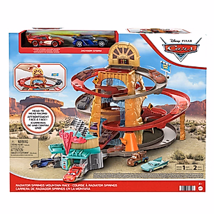 Mattel Disney and Pixar Cars Track Set, Radiator Springs Mountain Race Playset with 2 Toy Cars, Launcher & Winning Flag