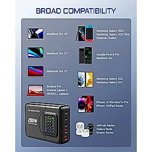200W USB C Charger, Aergiatech Desktop 5-Port PD 100W Type C 65W PPS GaN Charger Fast Charging Station with LCD Display, Laptop Power Adapter for MacBook Pro/Air iPhone 14 Pro Max, Samsung Galaxy