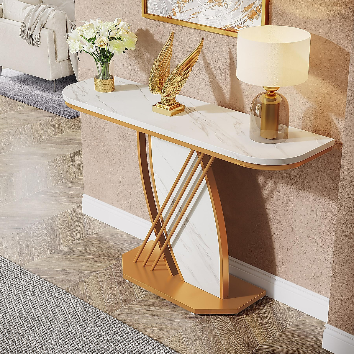 Tribesigns Gold Entryway Table, Modern Console Table, Half Moon Entry Table with Geometric Metal Legs, Faux Marble Narrow Sofa Table Hallway Table for Entrance, Living Room, White & Gold