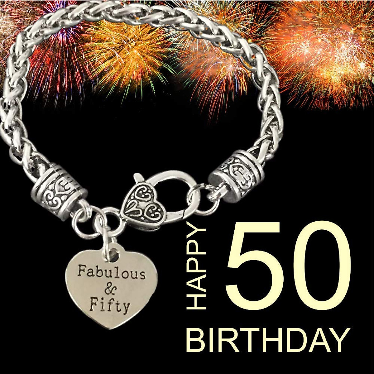 Infinity Collection 50th Birthday Charm Bracelet - Fabulous and Fifty Gift for Her, Unique Birthday Bracelet
