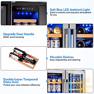 Wine and Beverage Refrigerator with Glass Door, 24-Inch Dual Zone Wine Fridge Under Counter - 18 Bottle and 65 Can Large Capacity Led Blue Light Smart Fast Cooling Wine Cooler