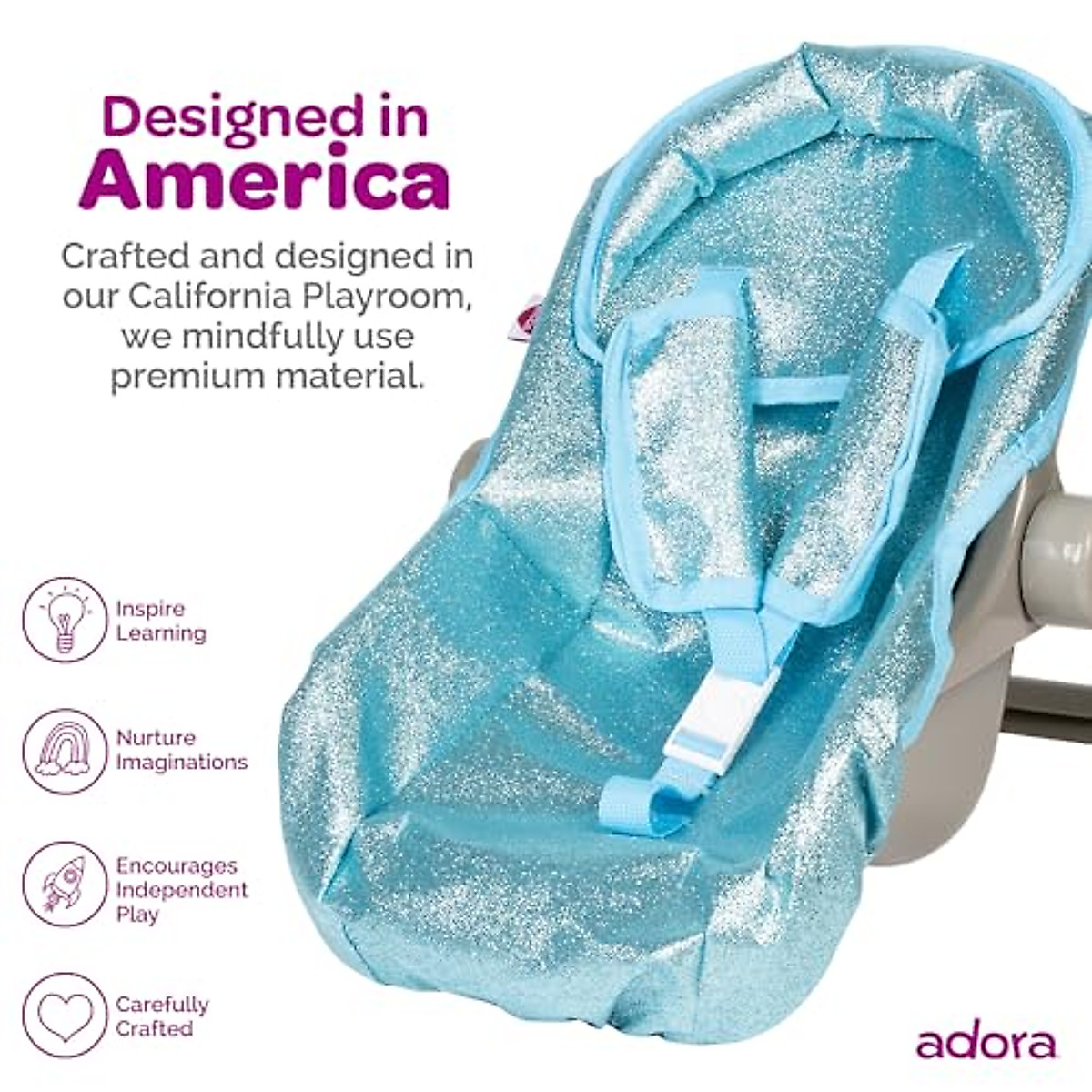 Adora Glam Sparkly & Glittery Aqua Car Seat Carrier, Baby Doll Car Seat That Fits up to 20" Dolls and Stuffed Animals, Birthday Gift for Ages 2+ - Blue Glitter