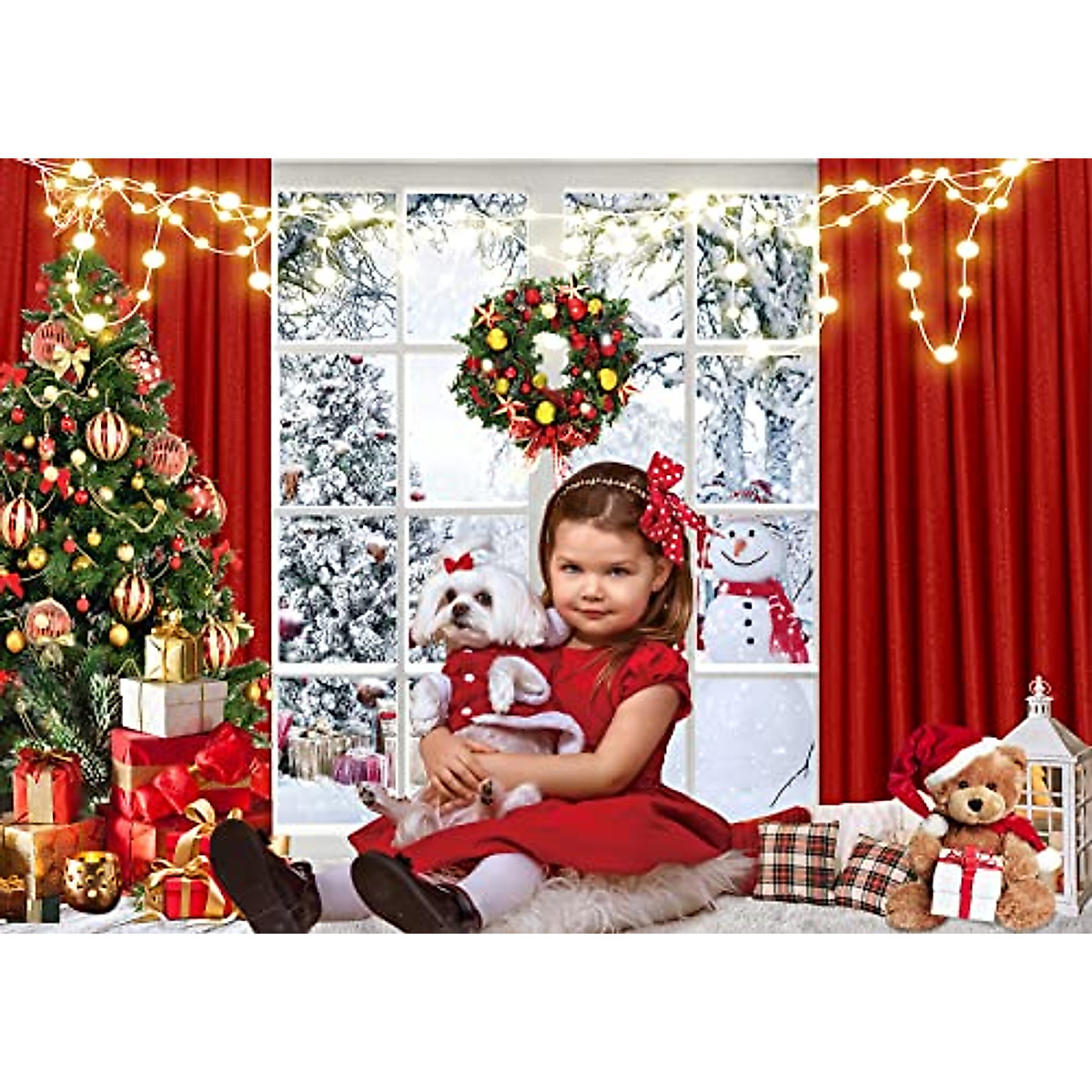 LTLYH Christmas Backdrop 10x8ft Christmas Winter Snow Red Window Photo Backdrop Xmas Holiday Photo Booth Portrait Party Banner Decor Background