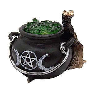Light Up Cauldron with a Broom Figurine, Freestanding Tabletop Decoration, Halloween or Gothic Décor, 3 Inches