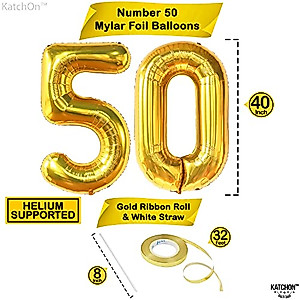 KatchOn, Big Gold 50 Balloon Number - 40 Inch | Gold 50th Birthday Balloons for 50th Anniversary Decorations | Mylar 50th Balloons, 50th Birthday Decorations Men | 50th Birthday Decorations Women