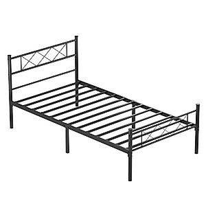 VECELO Twin Size Bed Frame with Headboard, Heavy-Duty Platform/Mattress Foundation with Metal Slats Support, No Box Spring Needed/Easy Assembly, Matte Black